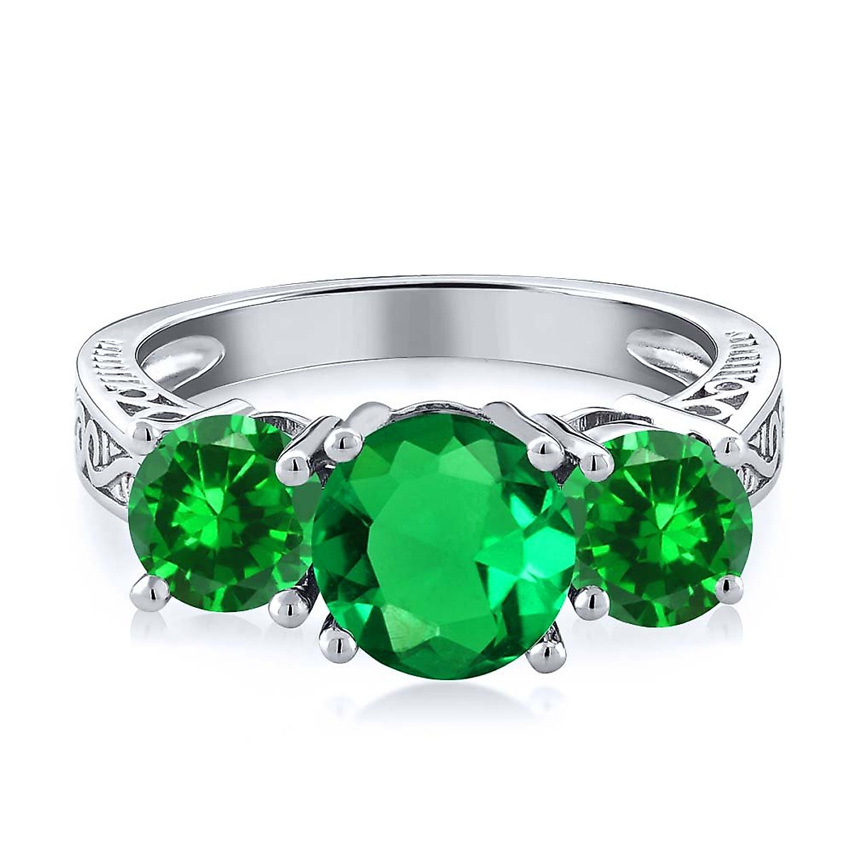 Gem Stone King 925 Sterling Silver Green Simulated Emerald 3-Stone Ring For Women (2.90 Cttw, Available 5,6,7,8,9) (Size 5)