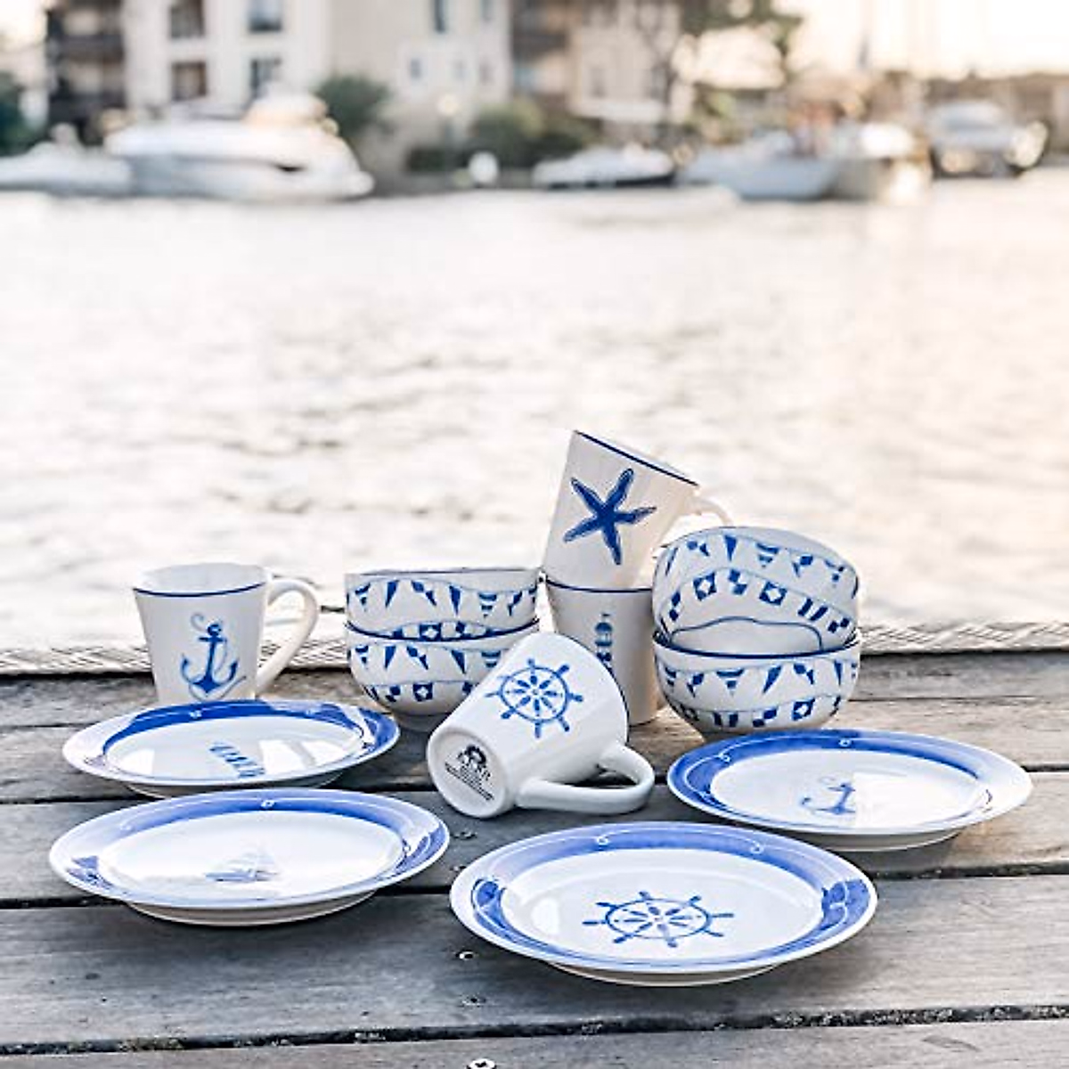 Euro Ceramica Ahoy Collection Nautical Ceramic Coffee/Tea Mugs, 13.5oz, Set of 4, Assorted Designs, Blue & White