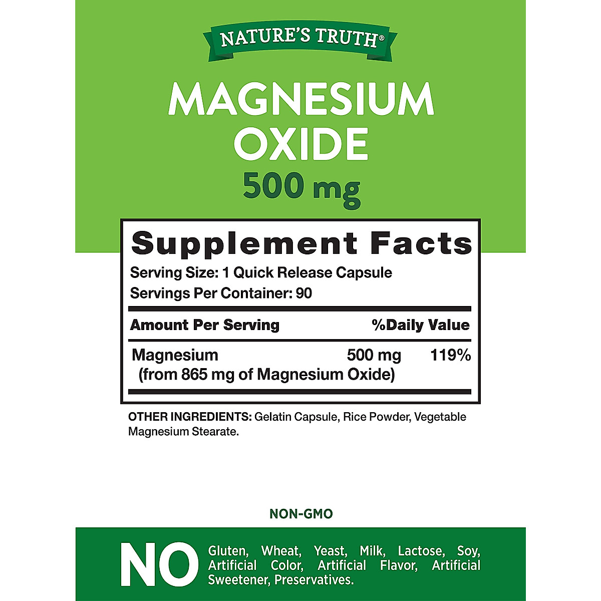 Magnesium Oxide 500mg Capsules | 90 Count | Non-GMO & Gluten Free High Strength Supplement | by Nature's Truth