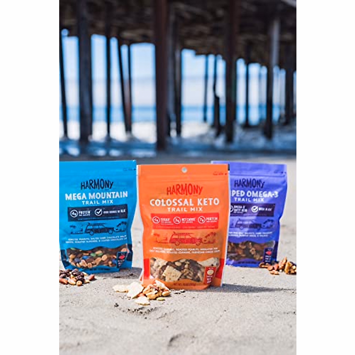 Harmony Trail Mix Variety Pack with 13-Oz. Mega Mountain, 10-Oz. Colossal Keto, and 10-Oz. Amped Omega-3 Trail Mix