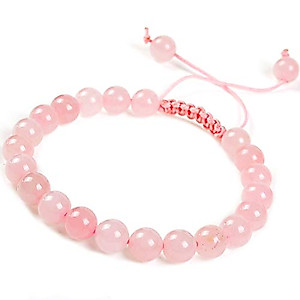 Massive Beads Natural Healing Power Gemstone Crystal Beads Unisex Adjustable Macrame Bracelets 8mm (Rose Pink)