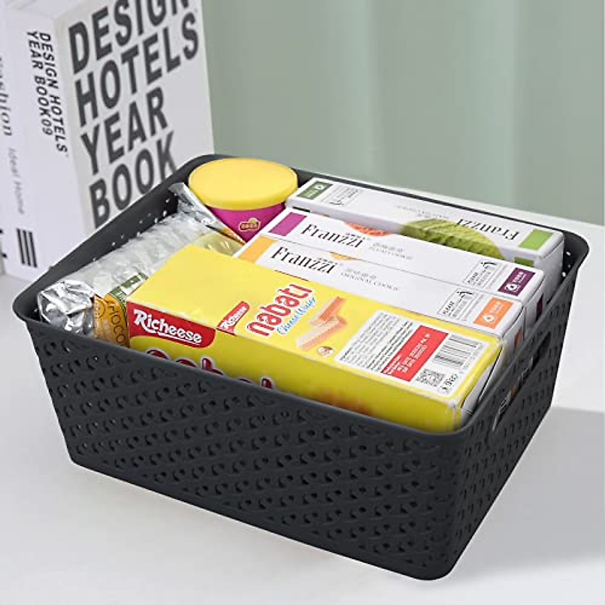 Teyyvn Plastic Storage Basket, 11.6" x 8.9" x 4.7", Pack of 4, Dark Gray