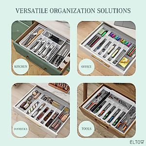 ELTOW Expandable In Drawer Silverware Organizer - Kitchen Storage Silverware Tray For Flatware – Cutlery Holder With 8 Compartments - Multipurpose Organizer Tray For Kitchen & Office Supplies - White