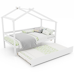 Giantex Wood House Bed for Kids, Twin Bed Frame with Trundle Bed Twin, Kids Bed Frame with Headboard and Footboard, Twin Size House Bed for Kids, Girls, Boys (White)