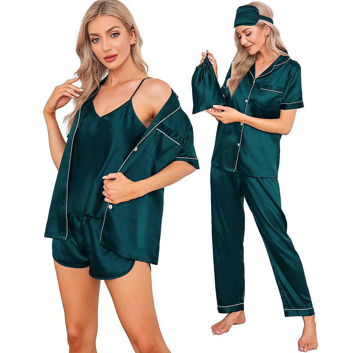 SWOMOG Womens Silk Satin Pajamas Sets 7pcs Sleepwear Sexy Cami Shorts Set and Button Down Short Sleeve Satin Pjs Deep Green Large