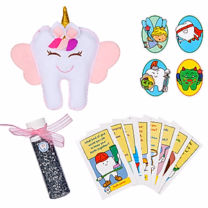Tooth Fairy Pillow for Girls, Fun Tooth Fairy Kit Includes (1) Unicorn Tooth Fairy Pouch with Door Hanger, (4) Money Stickers, Fairy Glitter Dust, (8) Magical Toothfairy Notes and Fun Receipts