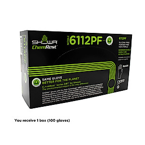 SHOWA 6112PF Biodegradable Nitrile Powder-Free Disposable Safety Glove, Food Safe, 4 mil Thick, 9.5" Length, X-Large (1 Box of 100 Gloves), Black