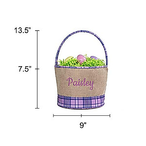 Personalized Easter Bucket Bag with Custom Cursive Name | Purple Plaid Burlap Easter Bag with Handle | Egg Basket for Kids | Customized Easter Basket | Great for Book and Toy Storage