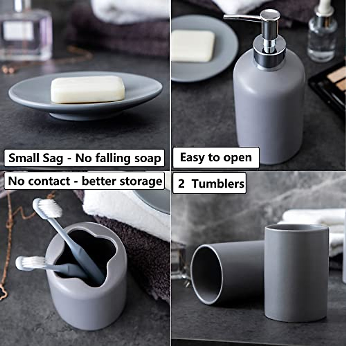 Ceramic Bathroom Accessories Set 5 Pieces, Grey Bathroom Accessory Set Complete, Lotion Dispenser Toothbrush Holder 2 Tumblers Soap Dish Classic Grey Matte for Bath Countertop Organizer Decor, SAIURE