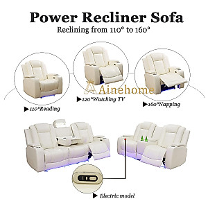 A Ainehome Power Leather Recliner Sofa Set with LED Lights, Recliner Sofa Sectional Couches for Living Room, Reclining Sofa and loveseat with USB Port/Storage Console(Creamy White,Sofa+loveseat)