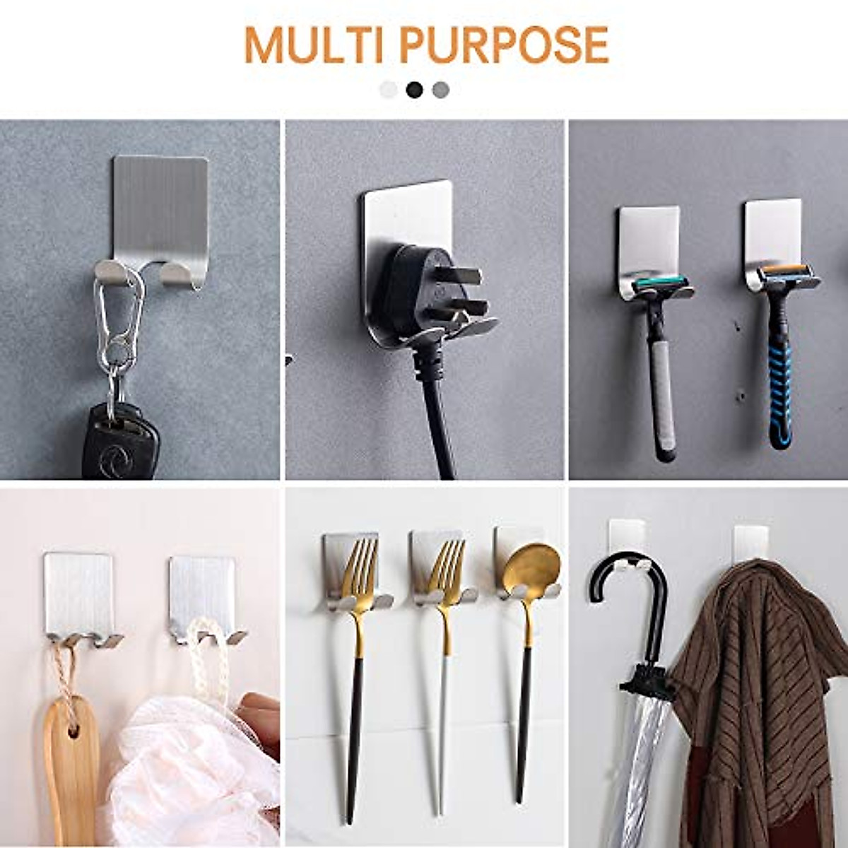 Razor Holder Shaver Hook Hanger Stand(2 Pack)Self Adhesive Stainless Steel Heavy Duty Utility Storage Hook,Shower Hook for Razor,Bathroom Kitchen Organizer for Plug Robe Towel Loofah Bathrobe Coat