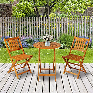 Outsunny 3-Piece Acacia Wood Bistro Set, Folding Patio Furniture with 2 Folding Chairs and Round Coffee Table, Teak, Slatted Finish, for Backyard, Balcony, Deck, Natural