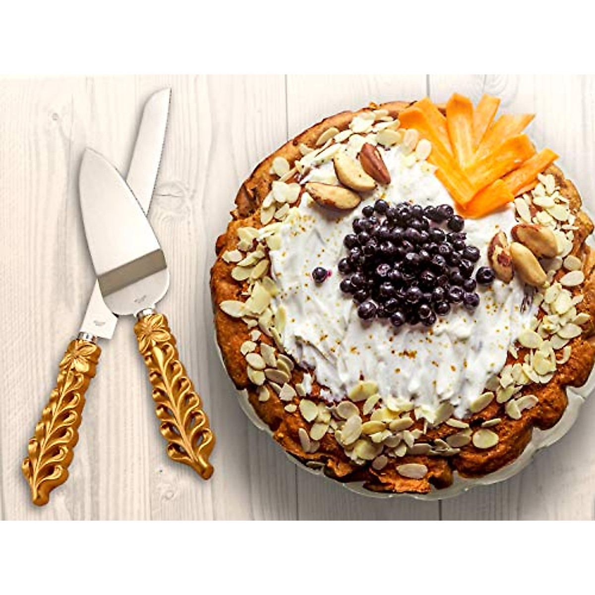FASHIONCRAFT 2528 Gold Lattice Botanical Collection Stainless Cake Knife Set, One Set includes the Cake knife and Cake Server