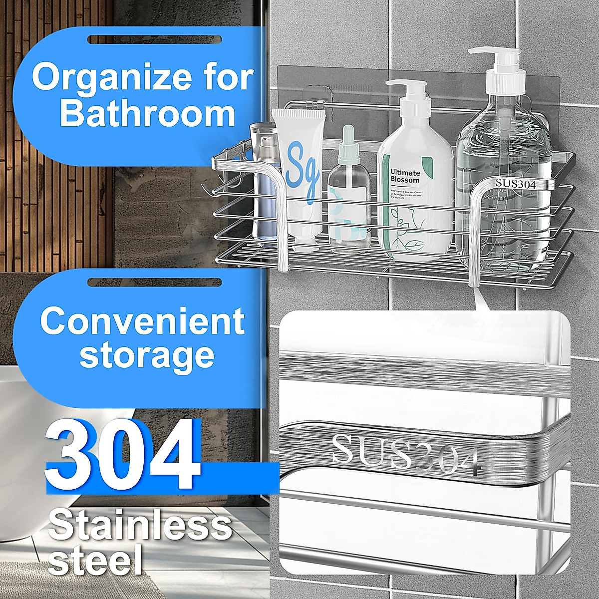 HEGUANRONG Shower Caddy,Shower Organizer for Bathroom With 2 Hooks，SUS304 Stainless Steel，Shower Shelves for Inside Shower,Rustproof Bathroom Shelf，No Drilling.