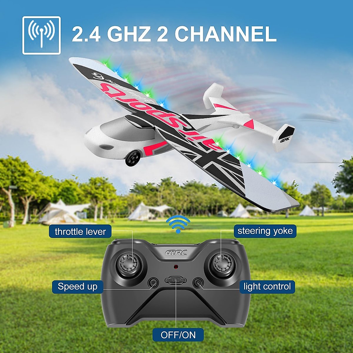 4DRC RC Plane, 2.4Ghz Remote Control Airplane,Flying with 2 Batteries & Propeller 6-axis Gyro Stabilizer,Blue&Green Light,Easy to Fly for Beginners Adults Kids Boys