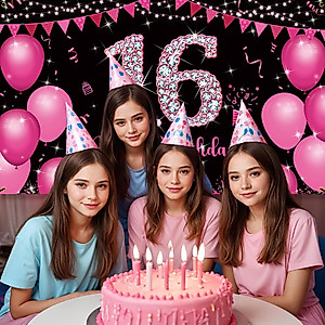Sweet 16 Birthday Banner Hot Pink, Happy 16th Birthday Decorations for Girls, Sweet Sixteen Party Decorations, 16 Year Old Birthday Photo Props Yard Sign Decor Supplies, Fabric Vicycaty