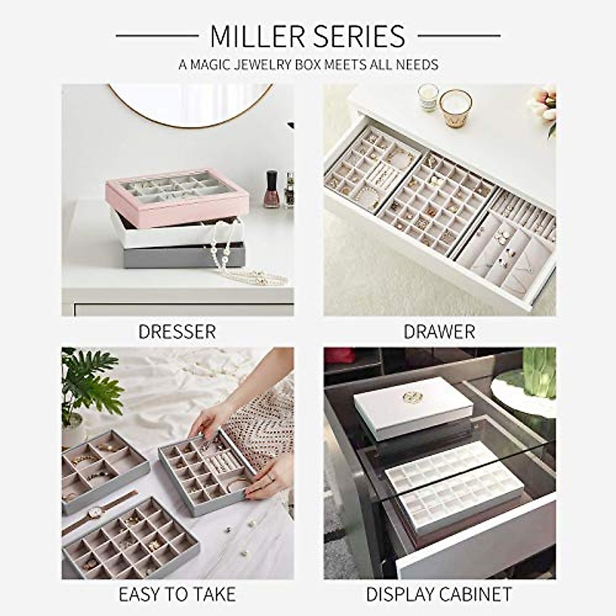 Vlando Jewelry Trays Stackable Showcase Display Drawer Organizer Storage- Multi-Purpose,Multiple Combinations, Large Capacity Multi-Layer Design and Fashion(Grey)