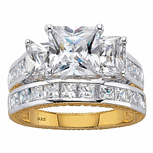 PalmBeach Jewelry 18k Two-Tone Gold-Plated or Platinum-Plated Sterling Silver Cubic Zirconia Channel Set Bridal Ring Set Size 7