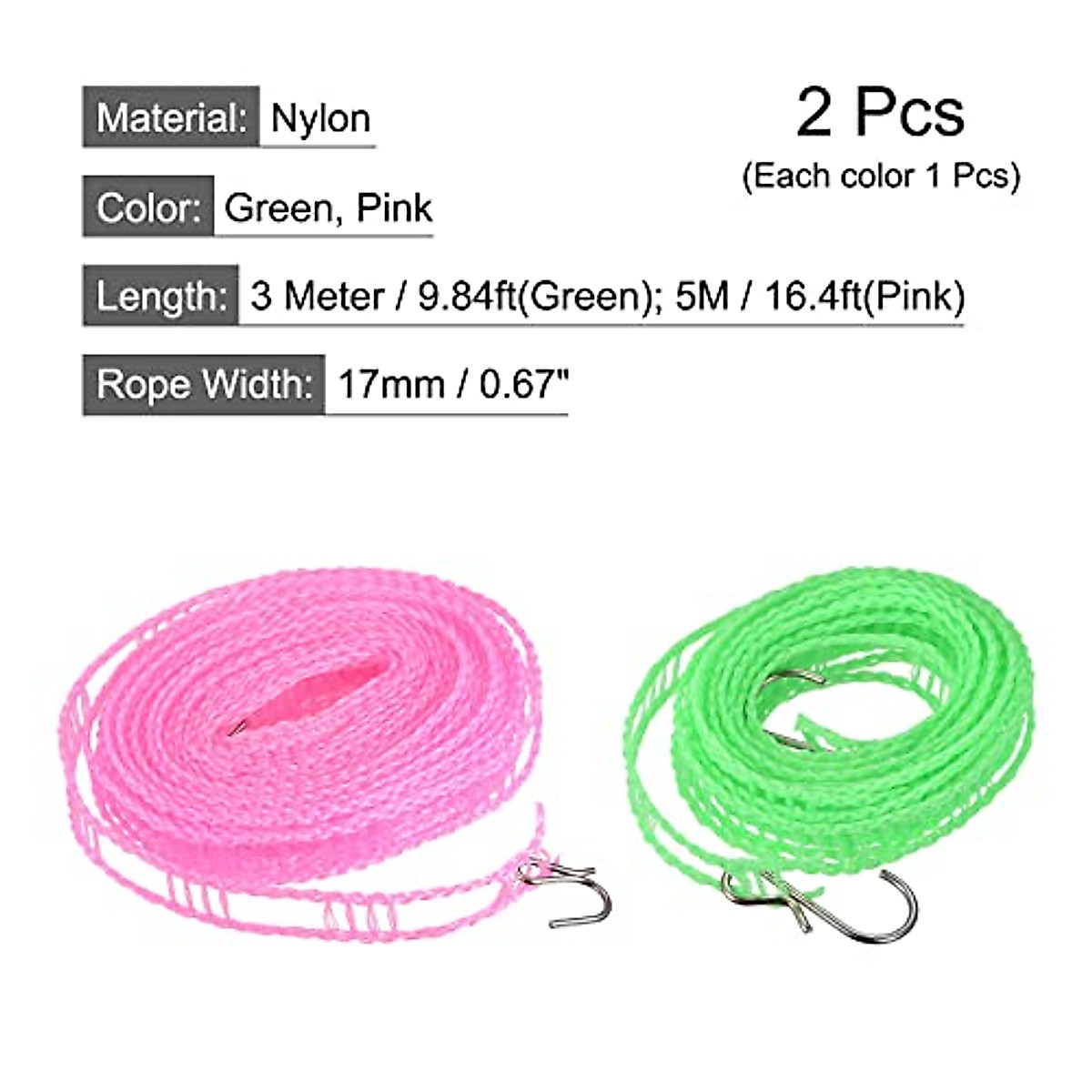 uxcell Portable Clothesline, 9.84ft/16.4ft Nylon Windproof Non-Slip Washing Line Rope for Courtyard Outdoor Travel Camping Laundry Drying, Green/Pink