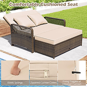 Tangkula Patio Adjustable Wicker Daybed, Rattan Loveseat & Storage Ottoman w/ 4-Level Backrest & Soft Cushions, Space-Saving 2-Person Sun Lounger for Backyard, Porch (Beige)