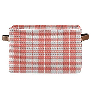 xigua Storage Basket Orange Coral Checkered Buffalo Storage Bin with Handle, Large Storage Cube Collapsible for Shelves Closet Bedroom Living Room 1PC