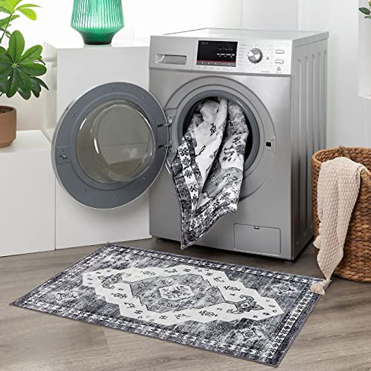 DECOMALL Emily 5x7 Rug, Traditional Persian Rug with Rubber Backing, Washable Area Rug for Living Room Bedroom Dining Room, Grey 5’x7’