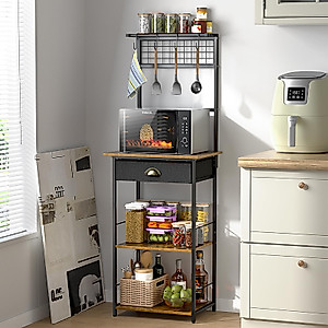 5 Tier Coffee Bar Station with Drawer, Coffee Stand with 4 S-Shaped Hooks, Farmhouse Corner Coffee Bar Cabinet for Small Spaces, Bakers Rack for Kitchen, Living Room, 13.43"D x 18.93"W x 53.31"H