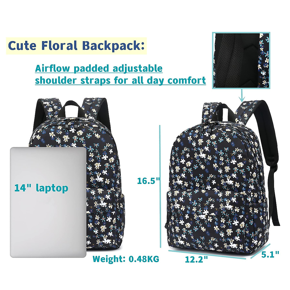 Leaper Travel Backpack for Women Girls Water Resistant Backpack for School Laptop Backpack Kids Backpack Kawaii Bookbag Floral Black White Flower