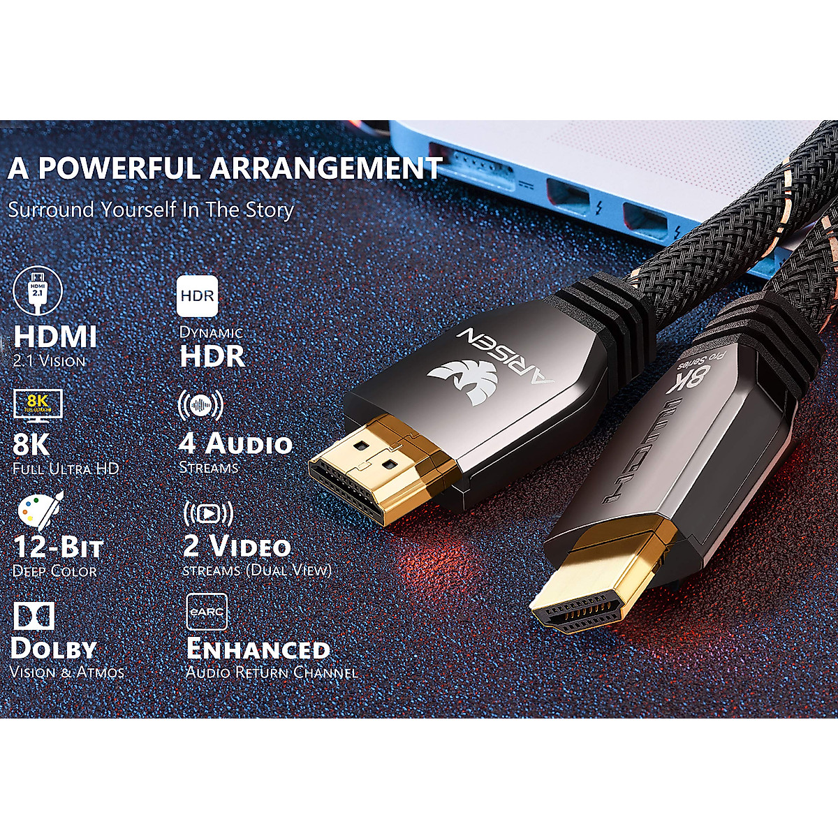 HDMI 2.1 Cable, Ultra High Speed 48Gbps 8K HDMI Cable 8ft, ARISEN 4K120 8K@60Hz Heavy Duty Braided HDMI Cord eARC HDR10 Compatible with RTX 3090 3080 PS5 4K TV Xbox Series X UHD TV Laptop