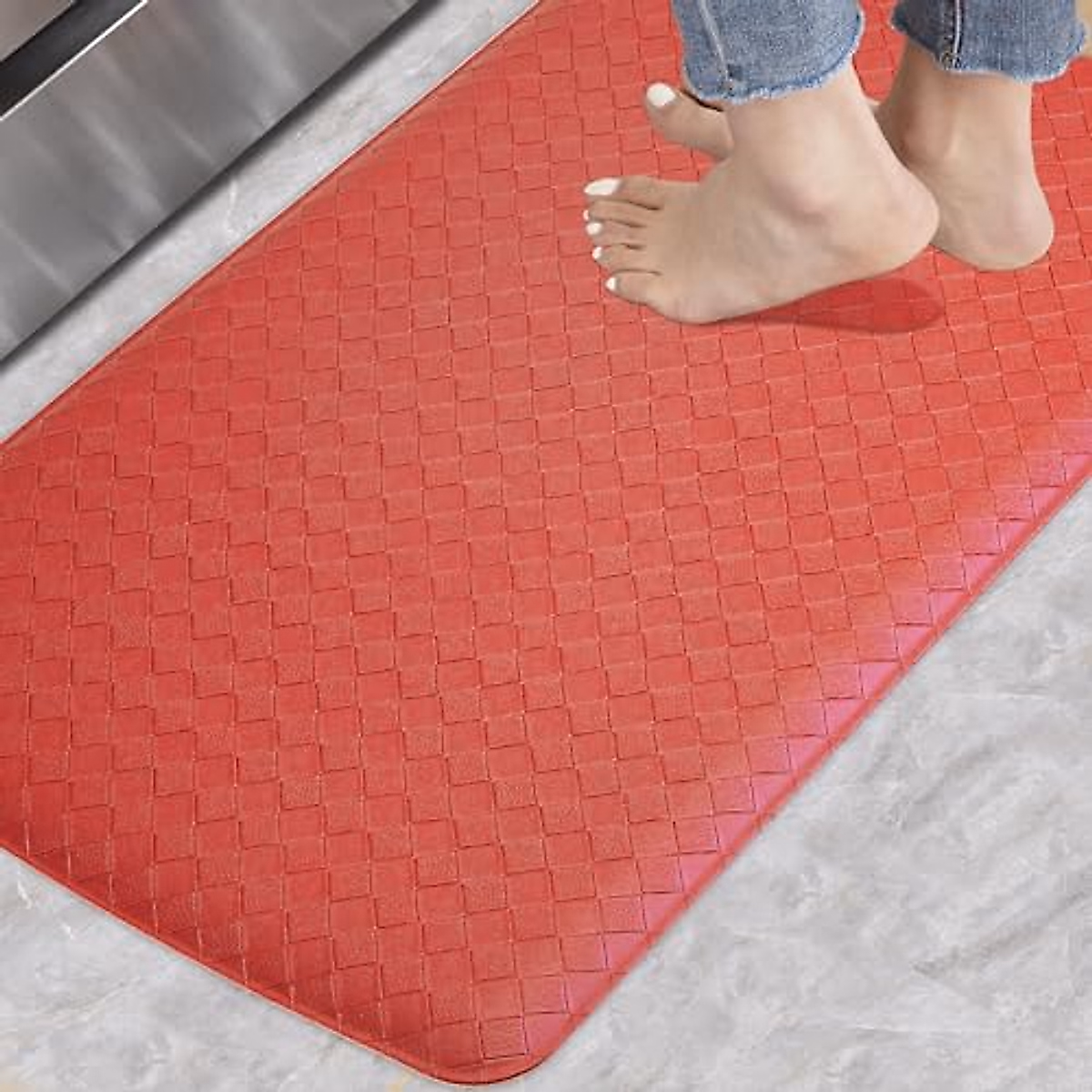 KOKHUB Kitchen Mat,1/2 Inch Thick Cushioned Anti Fatigue Waterproof Kitchen Rug, Comfort Standing Desk Mat, Kitchen Floor Mat Non-Skid & Washable for Home, Office, Sink,17.3"x28"- Red