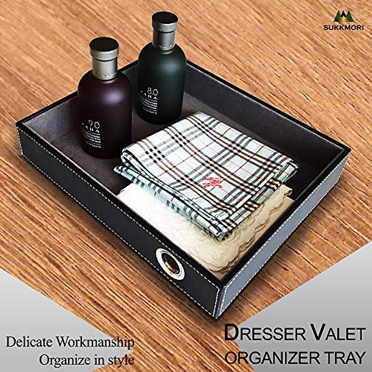 SUKKMORI Valet Tray Desk Organizer - PU Leather Nightstand Organizer for Men and Women, Dresser Tray, Catchall Tray for Key Jewelry Accessories, Vanity Tray Box, Bedside Table Charging Station