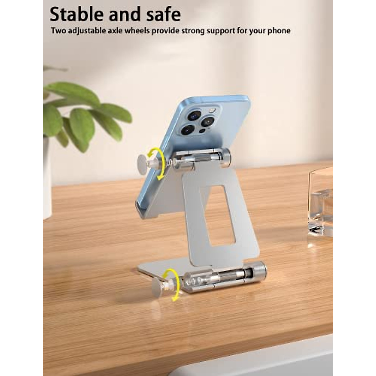 xwyebo Dual Folding Cell Phone StandPortable Aluminum Phone Holder,Adjustable Phone Dock Cradle Compatible, Fully Adjustable Foldable Desktop Phone Holder with iPhone 14/13/12/11 Pro Max(Silver)