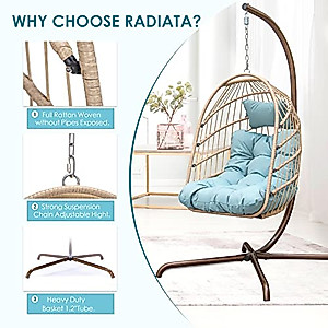 RADIATA Foldable Wicker Rattan Hanging Egg Chair with Stand, Swing Chair with Cushion and Pillow, Lounging Chair for Indoor Outdoor Bedroom Patio Garden (Blue with Stand)