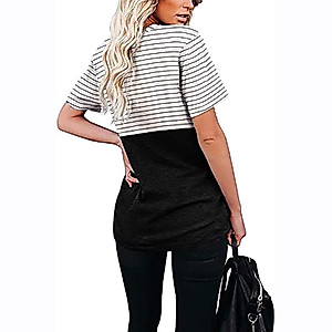 Bravetoshop Women Summer T Shirts Short Sleeve V Neck Pocket Tee Tops Casual Basic Tees Classic Striped Blouse (Black,S)