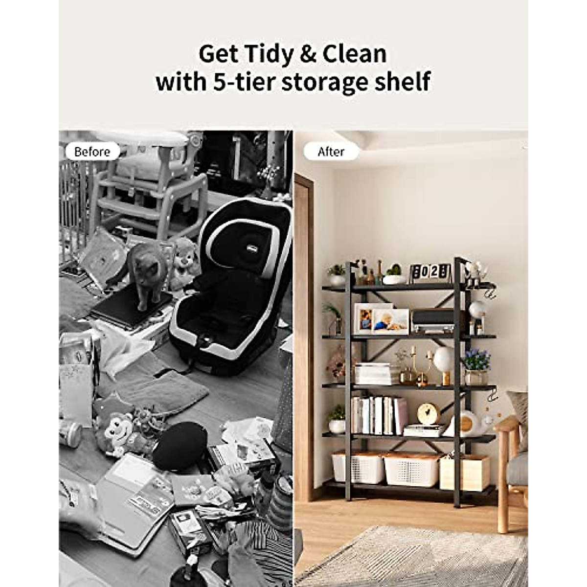 Gizoon 5 Tier Bookshelves for Storage, Industrial Tall Wood Bookshelf with 4 Hooks, Metal Frame Display Shelves for Bedroom, Living Room, Kitchen, Black