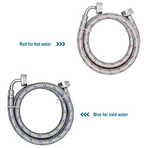 VALFLUIDS Stainless Steel Washing Machine Hoses with 90 Degree Elbow, Red and Blue Striped Water Connection Inlet Supply Lines (5 Foot)