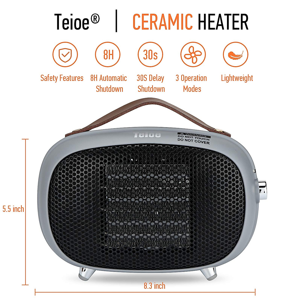 Space Heater, Teioe Mini Electric Space Heater 800W/400W, Small PTC Ceramic Heater with Tip-Over and Overheat Protection, 3 Operating Modes, Space Heaters for Office, Bedroom and Under Desk (GREY)