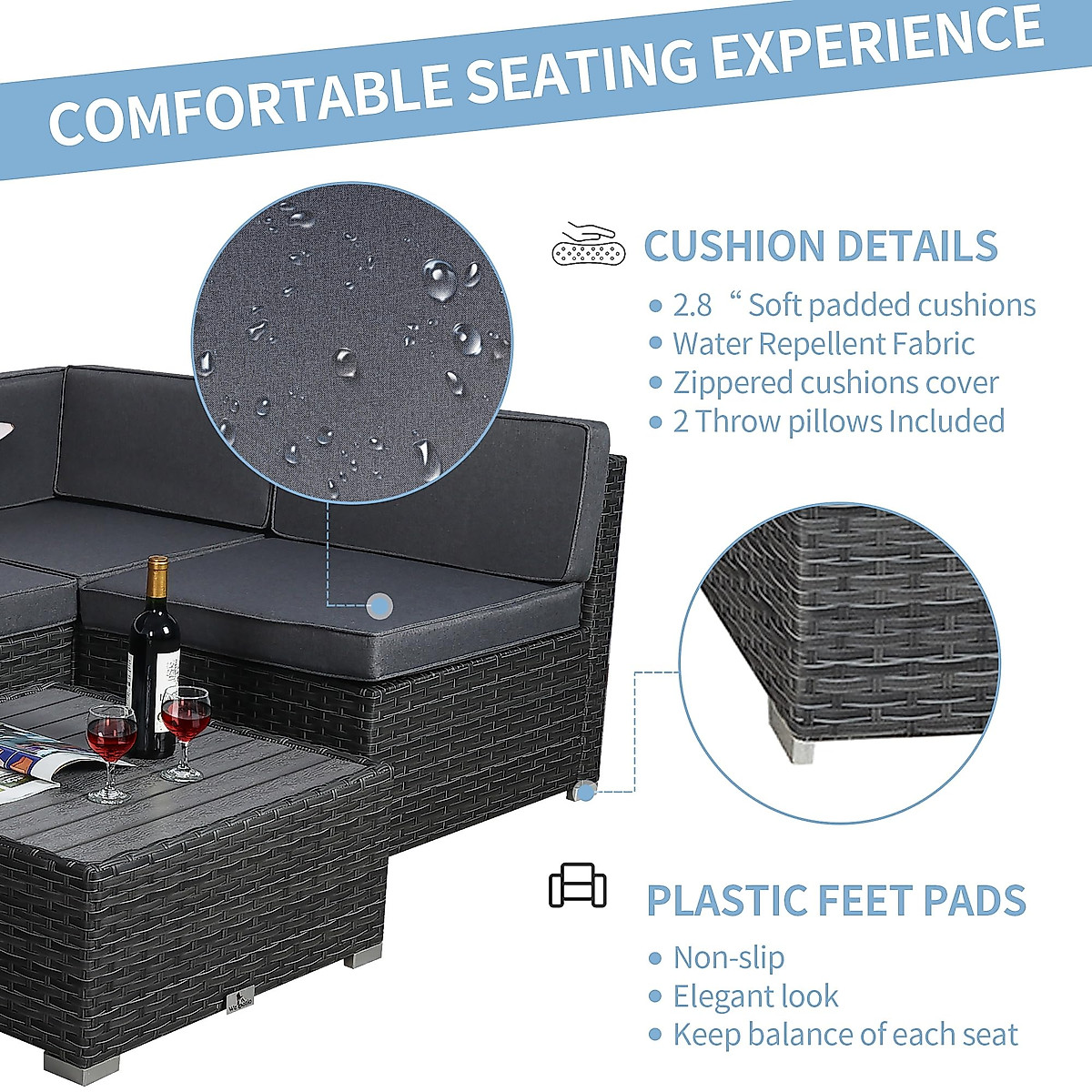 7 Piece Outdoor Patio Furniture Set with Cushions, PE Rattan Wicker Modular Outdoor Sectional L Shape Patio Conversation Sofa Set with Coffee Table, and Two Pillows (Dark Brown/Gray)