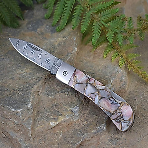 Folding Pocket Knife with Damascus Blade and Artisan-Crafted Pink Peruvian Opal Stone Handle, 3"