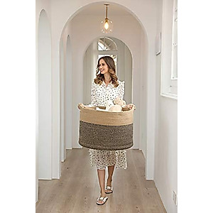 24" x 24" x 17" Max Size Large Cotton Rope Basket, Extra Large Storage Basket, Woven Laundry Hamper, Toy Storage Bin, for Blankets Clothes Toys Pillows in Living Room, Baby Nursery, Jute/Black Mix