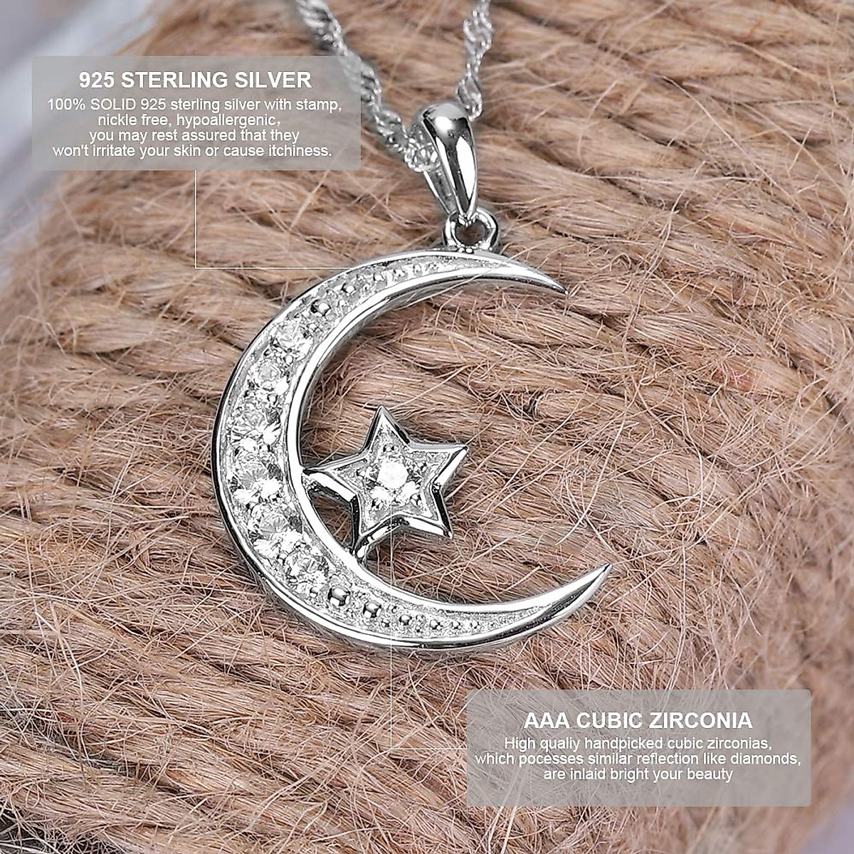 Gemschest 925 Sterling Silver Moon Necklace Cubic Zirconia Crescent Moon Star Phase Pendant Necklace Dainty Chain 18" Chain Silver Necklace for Mom Women Ladies (Crescent Moon)