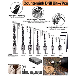 SHITIME 34 Pack Wood Working Chamfer Drilling Tools, 6 Countersink Drill Bit Set, 7 Counter Sinker Drill Bit Set, 8 Plug Cutters for Wood, 8 Drill Stop Bit Collar Set and 3 Step Drill Bits.