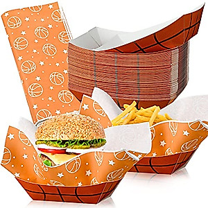 Marsui 100 Pcs Sports Theme Birthday Party Supplies Serves 50, Paper Food Trays Food Boats with Wax Paper Sheets for Sports Birthday Party Plates Decorations Favors (Basketball)