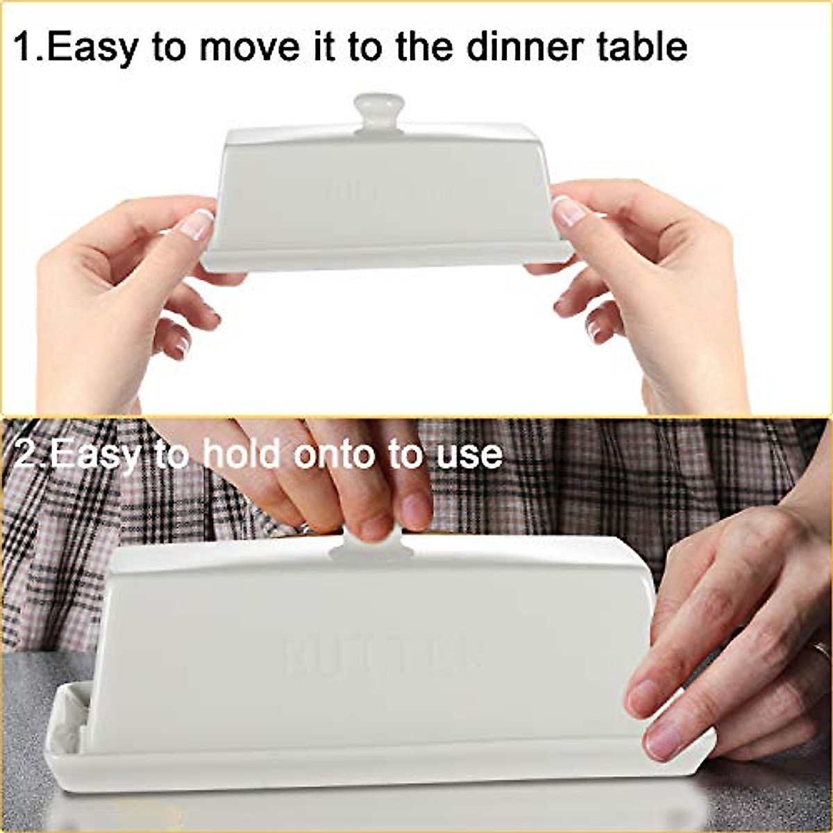 Butter Dish With Lid, WERTIOO Porcelain Butter Keeper With Handle Cover French Butter Dish Ceramic Butter Holder Container for Countertop, White