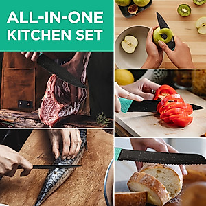 HAUSHOF Kitchen Knife Set, 5 PCS Knife Sets with Arcylic Block, Teflon Coated Green Knives Set for Kitchen, Premium Stainless Steel Knives Set with Ergonomic Handle, Great for Slicing, Dicing&Cutting