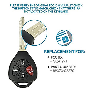Keyless2Go Replacement for New Keyless Entry Remote Car Key for Select Toyota Avalon Corolla Vehicles That Use GQ4-29T with 4D67 Chip