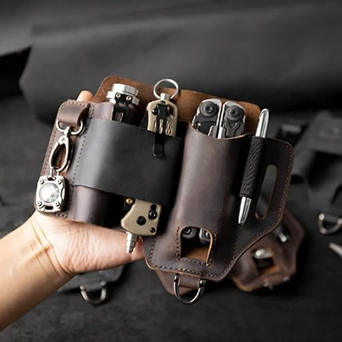 Men ED C Belt Organizer - Men Leather EDCs Organizer Sheath, EDCs Belt Sheath Pocket Organizer | multitooll Pouch Flashlight Sheath with Pen Holder, ED C Gear Holder Belt Attachment for Flashlight