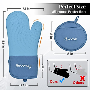 Extra Long Silicone Oven Mitts and Pot Holders Sets of 4, Novoconi Oven Mitts Heat Resistant 446F with Quilted Cotton Liner, Non-Slip & Waterproof Silicone Oven Mitts for Kitchen Cooking and Baking