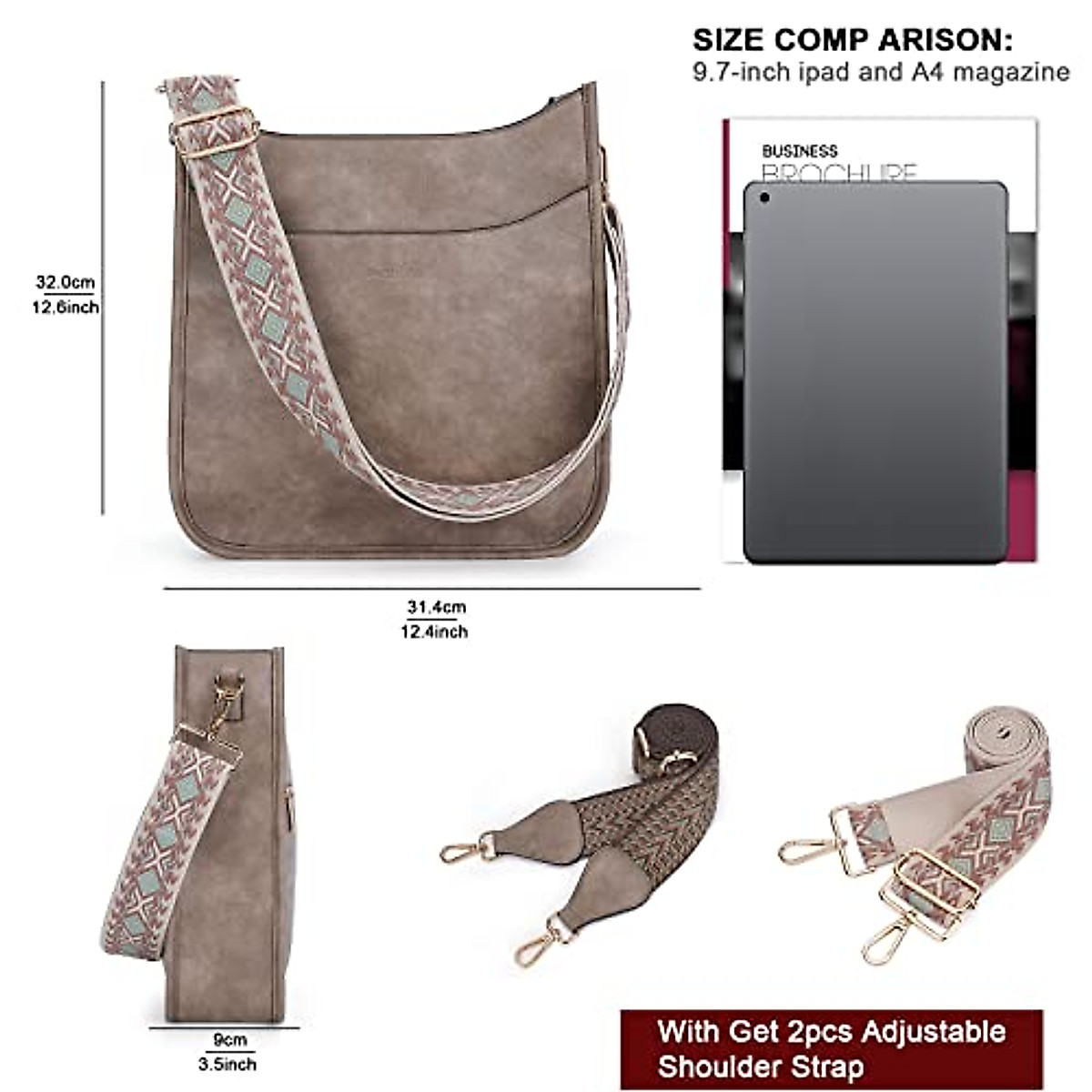 HKCLUF Crossbody Bag for Women,Vegan Leather Hobo Handbags Women Fashion Shoulder Bags Cross-body Bucket Purse with 2PCS Adjustable Guitar Strap(Apricot Pink)