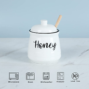 HAOTOP Farmhouse Porcelain Honey Jar with Dipper and Lid Set 12oz,Easy to Clean (White)